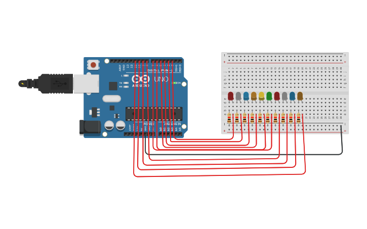 Circuit design Diwali light (for loop) - Tinkercad