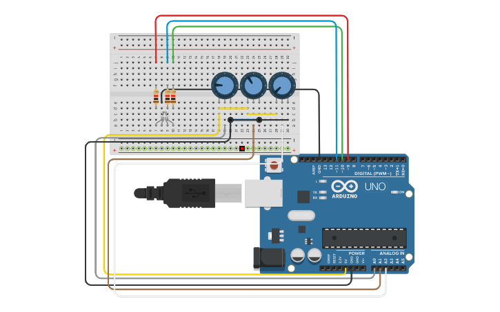 Circuit design RGB Led Light with 3 Potentiometers | Tinkercad