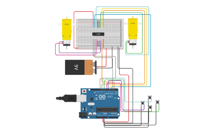 Circuit design Robot car 4 sw - Tinkercad