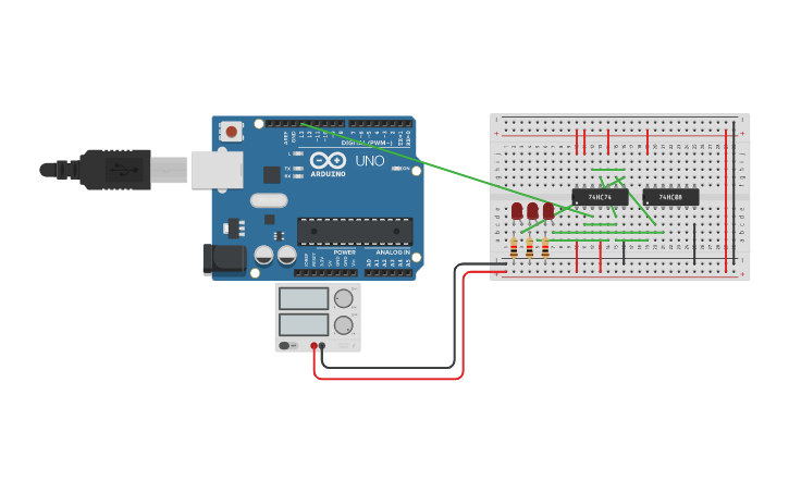 Circuit design Exp 6: Traffic lights using D flip flop - Tinkercad