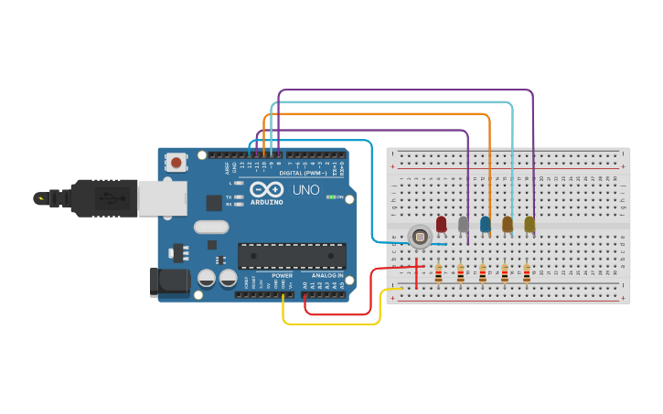 Circuit design 1 Photodiode dan 5 LED - Tinkercad