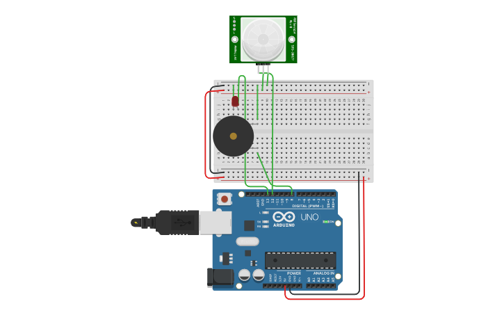 Circuit design Pedestrian Sensor with LED and Piezo - Tinkercad