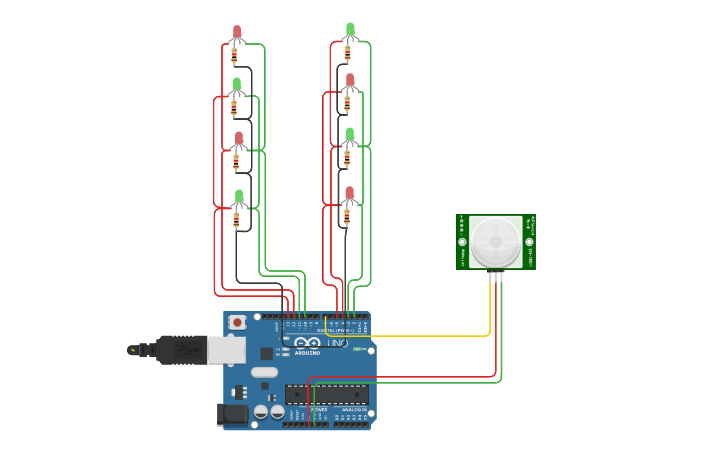 Circuit design motion detection sensor rgb led | Tinkercad