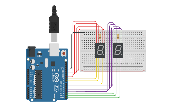 Circuit Design 2 7 Segment Display With Arduino Displaying 00 To 99 Tinkercad