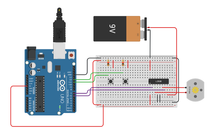 Circuit design Control de un motor de cc con pulsadores. - Tinkercad
