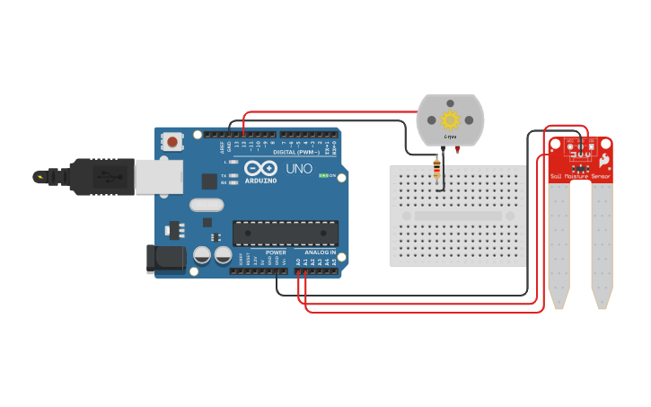 Circuit design SISTEMA DE RIEGO CON SENSOR DE HUMEDAD - Tinkercad