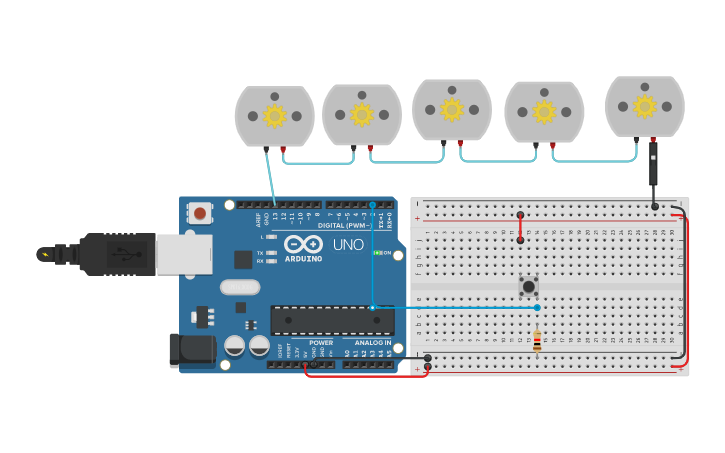 Circuit design 5 motor control 1 pushbutton - Tinkercad