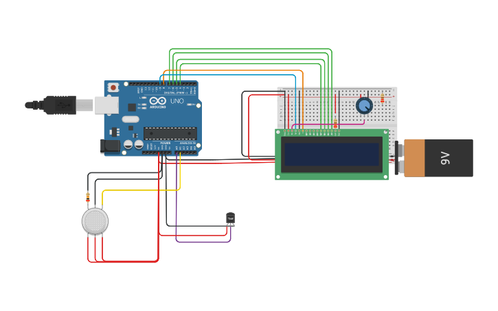 Circuit design Temperature and Gas Sensor Value on LCD - Tinkercad