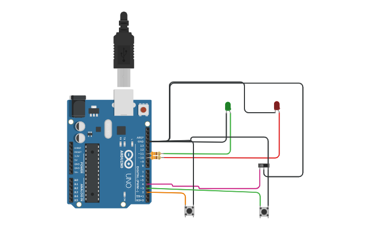 Circuit design PWM LED 2 ดวง SW 2 ตัว - Tinkercad