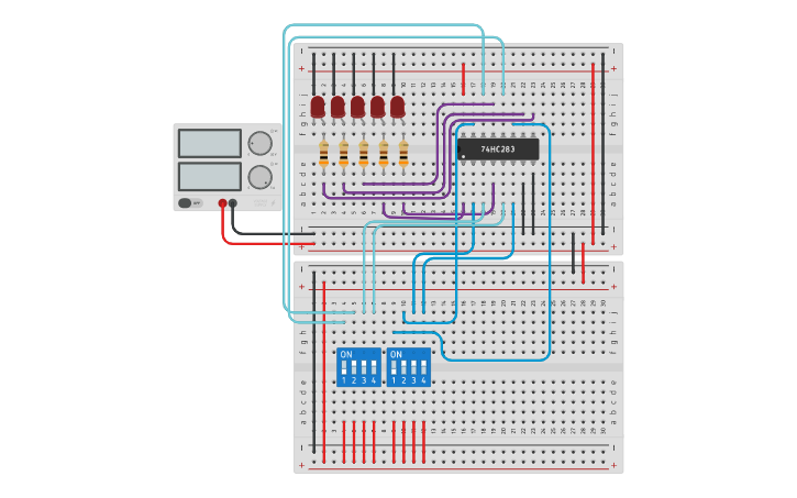 Circuit design Somador 4 Bits (74HC283) - Tinkercad