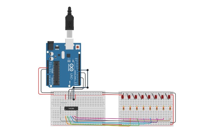 Circuit design Shift Register 8 bit - Tinkercad