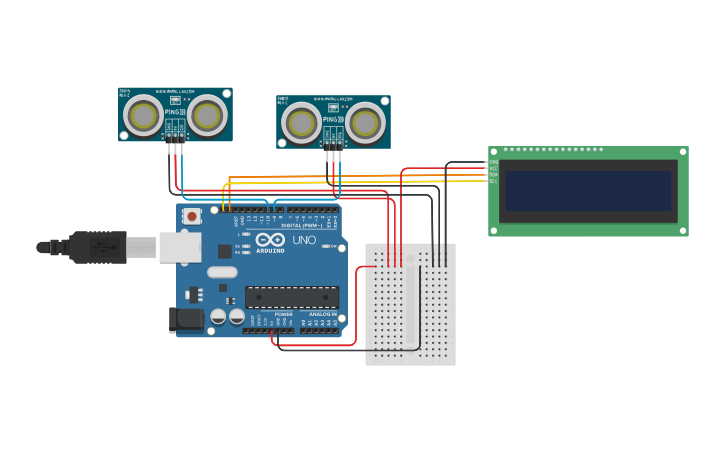 Circuit design "Sistem Monitor Pengunjung Ruangan basis Sensor" | Tinkercad