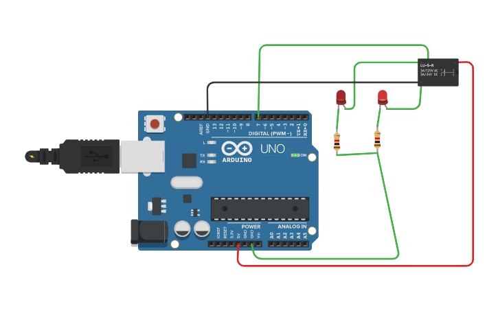 Circuit design ENCENDIDO DE FOCO O LEDS CON RELEVADOR - Tinkercad