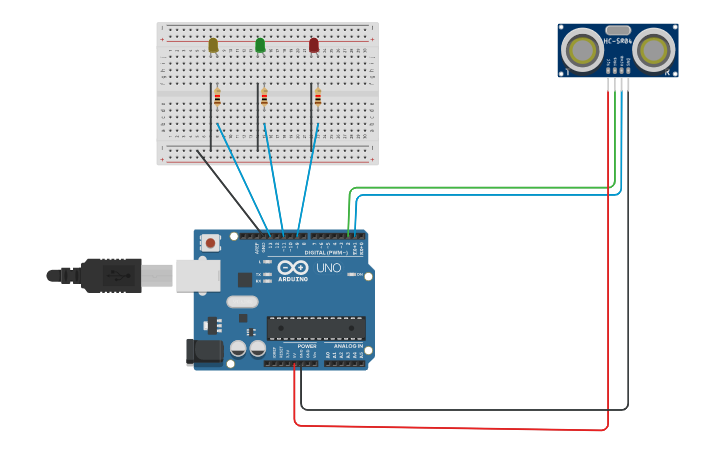 Circuit design P4 - SENSOR ULTRASÓNICO Y 3 LEDS | Tinkercad
