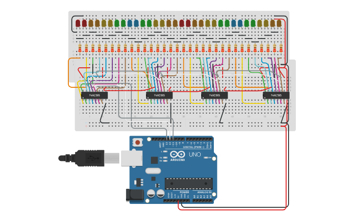 Circuit design 32 LEDs flashing using 74HC595 - Tinkercad