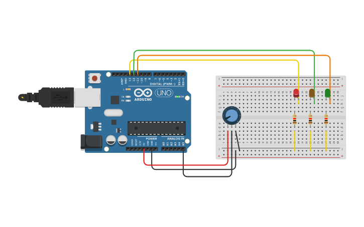 Circuit design semaforo con potenciometro - Tinkercad