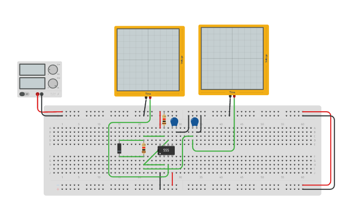 Circuit design ASTABLE MULTIVIBRATOR USING 50% DUTY CYCLE | Tinkercad