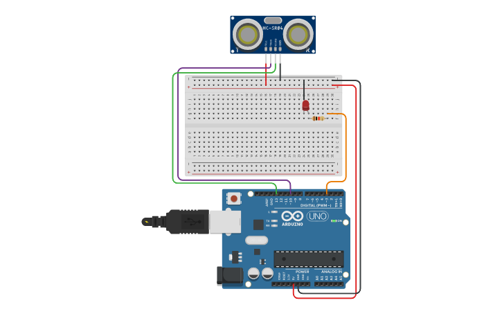Circuit design Distance, ultrasonic sensor - Tinkercad