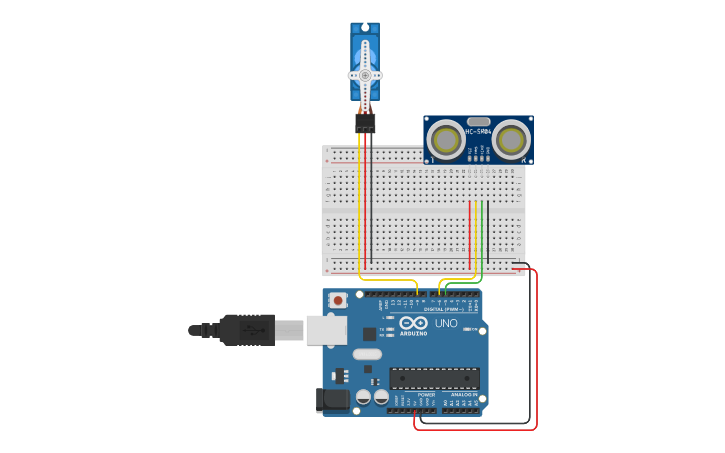 Circuit design Servo motor con sensor de distancia - Tinkercad