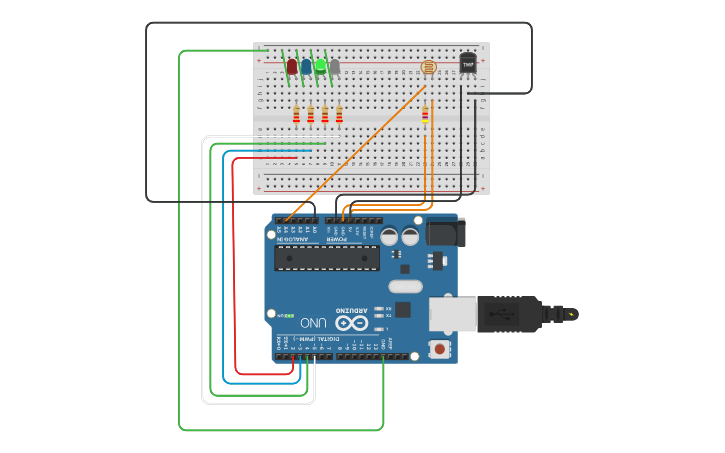 Circuit design Temperature sensor and light sensor - Tinkercad