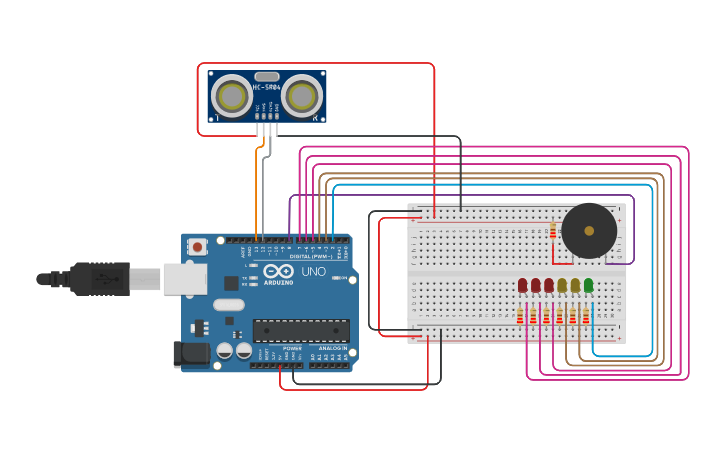 Circuit design Sensor ultrasonico led / buzzer - RICARDO | Tinkercad