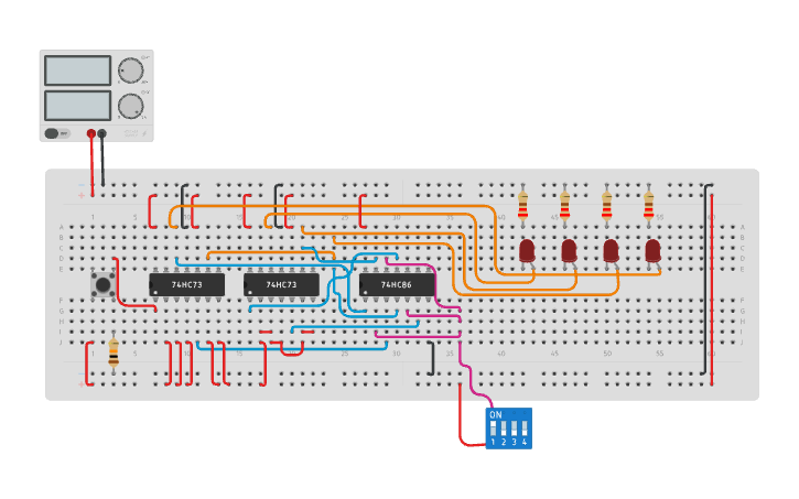 Circuit design 4 bit up/Down counter - Tinkercad