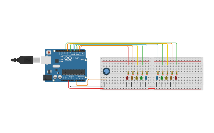 Circuit design Arduino Switching Between 10 LED Using VR - Tinkercad