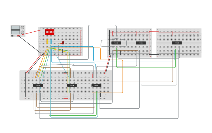 Circuit design BOOLEAN EXPRESSION ((A+(BC)')'+((C'D)+E)'+((A'D')E)+(B'(C+D)')) - Tinkercad