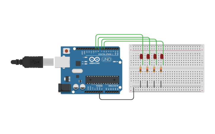 Circuit design Decimal to Binary Converter LEDs - Tinkercad