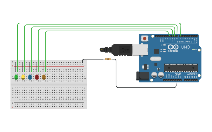 Circuit design Blinking 5 LEDs - Tinkercad