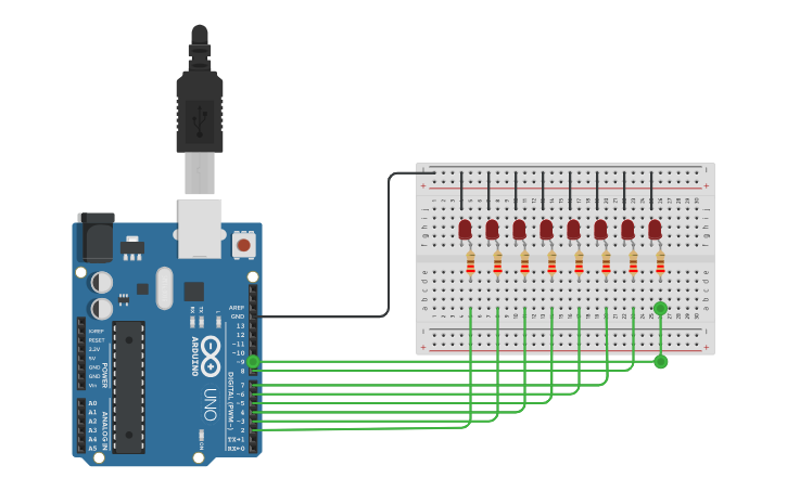 Circuit design Interfacing 8 LED with Arduino - Tinkercad Circuit design Interfacing 8 LED with Arduino - Tinkercad