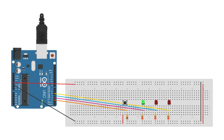 Circuit design ARDUINO Pulsador y leds | Tinkercad