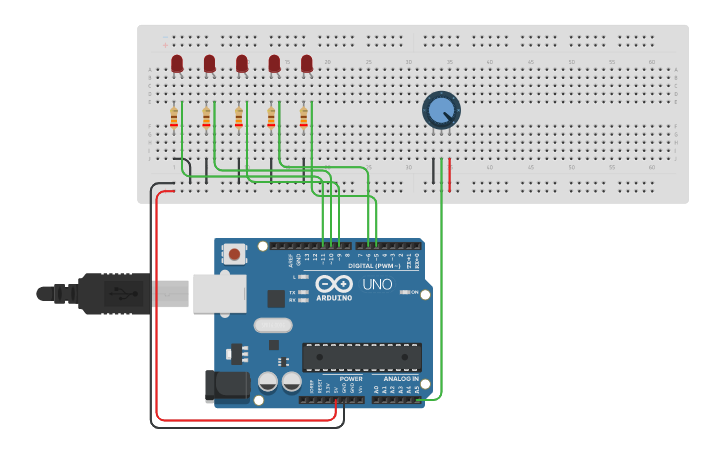 Circuit design Five LED (PART 2) - Tinkercad