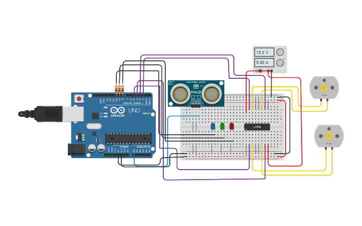 Circuit design AP-6 3 pin ultrasonic LED and motor interface - Tinkercad