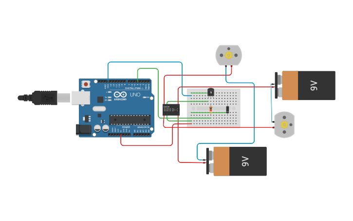 Circuit design Relay y Motor DC - Tinkercad