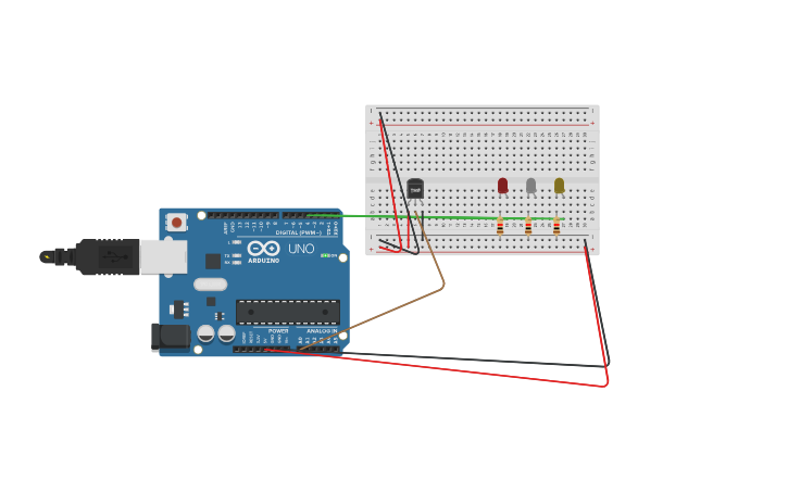 Circuit design Fever level check (multiple led) using Tempareture sensor_IoT - Tinkercad