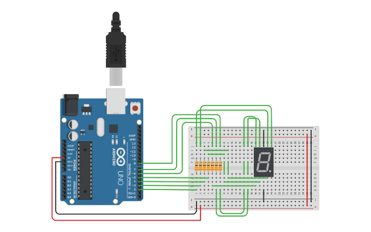 Circuit design UROT - QUIZ 02 - 7-SEGMENT DISPLAY (USING LOOPS) | Tinkercad