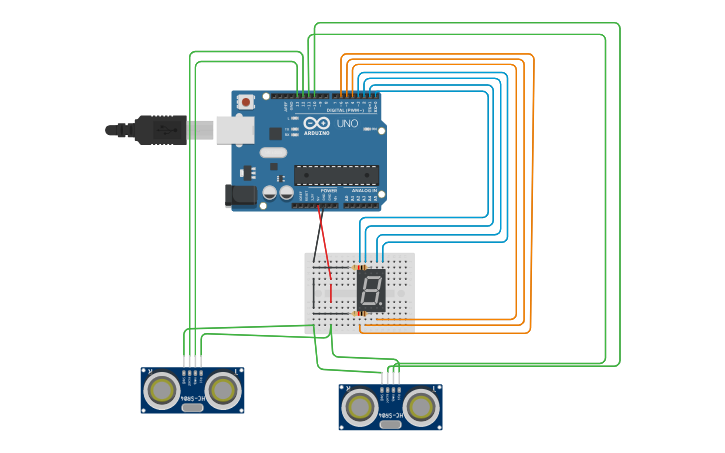Circuit design Ultrasonic sensor with 7-segment display - Tinkercad