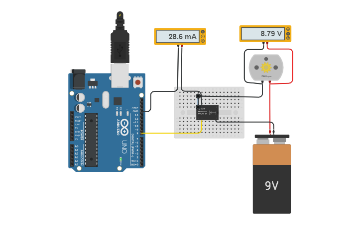 Circuit design Dc motor connect to arduino via relay - Tinkercad