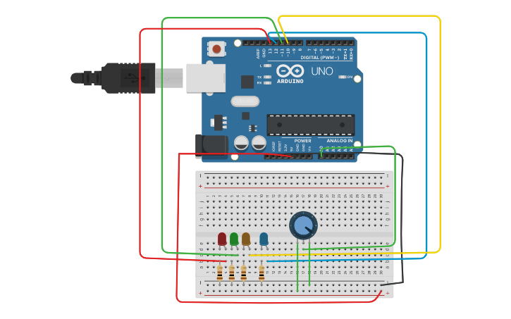 Circuit design 4 led pattern using breadbard version | Tinkercad