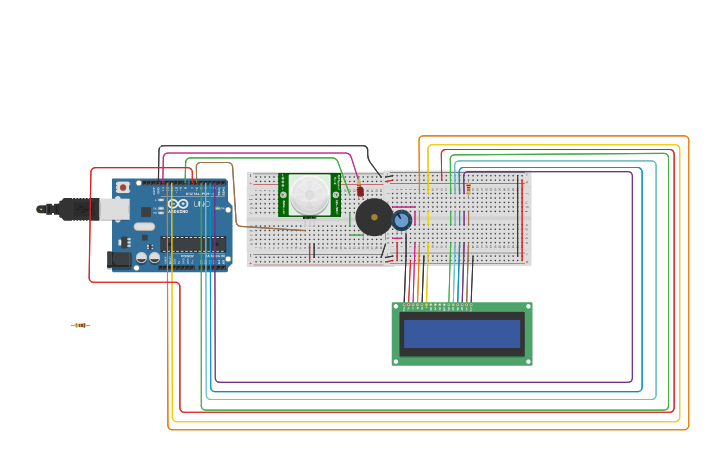Circuit design alarme movimento com lcd - Tinkercad