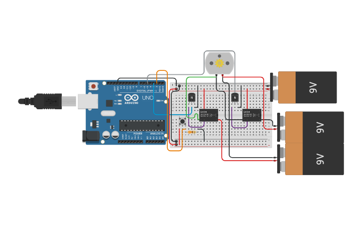 Circuit design DC motor Direction Control Via Relays - Tinkercad