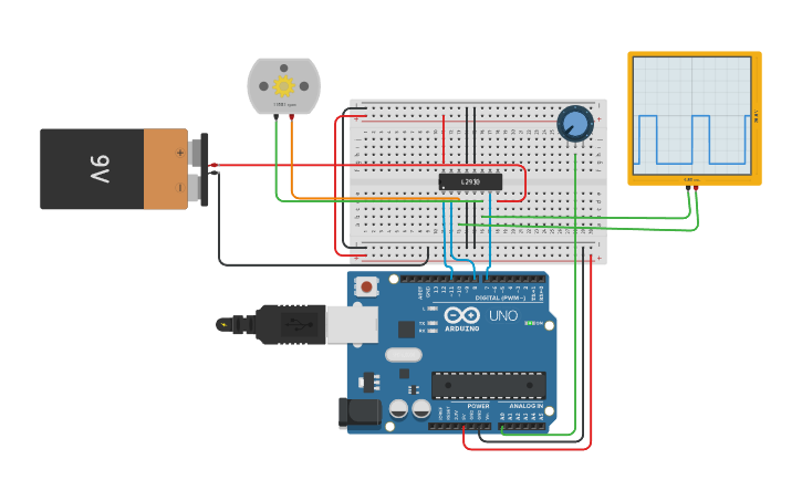 Circuit design Motor con potenciometro y osciloscopio - Tinkercad