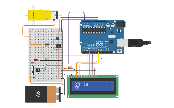 Circuit design 9V motor control with LCD | Tinkercad