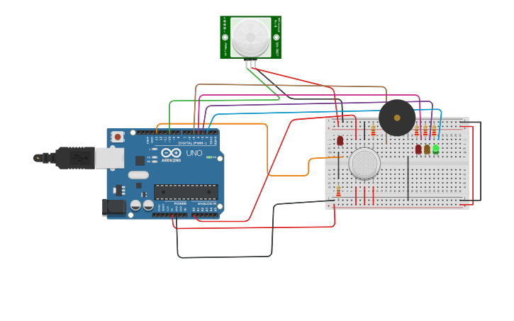 Circuit design gas and pir sensor - Tinkercad