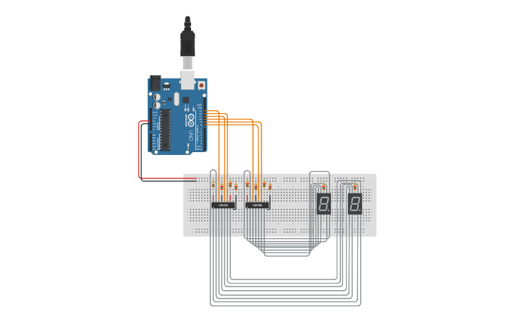 Circuit design 4 Display- 4 74hc595 programación binaria - Tinkercad