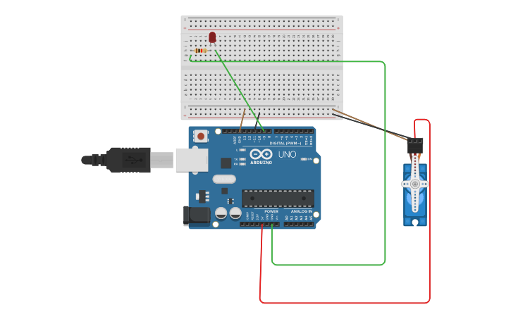 Circuit design Servo motor and LED | Tinkercad