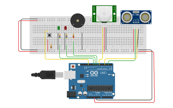 Circuit design (Ultrasonic Distance Sensor and PIR Sensor) - Tinkercad