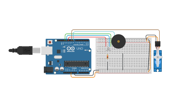 Circuit design micro servo + piezo + RGB - Tinkercad