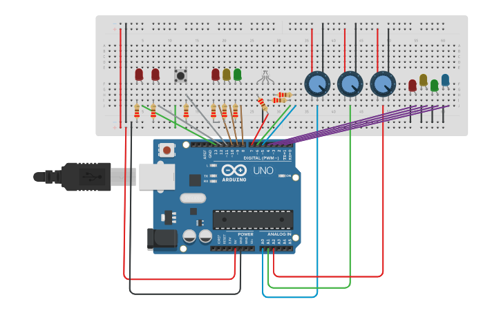 Circuit design 5 practicas faciles en un solo arduino | Tinkercad